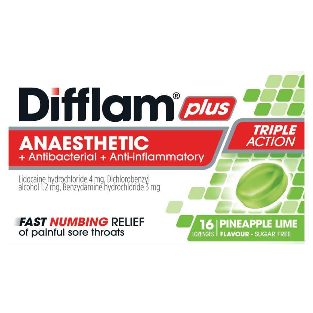 Difflam PLUS ANAESTHETIC Sore Throat Lozenges - Pineapple & Lime 16 ...