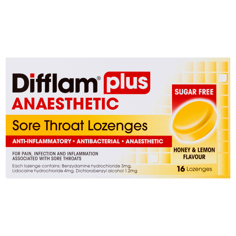 Difflam PLUS ANAESTHETIC Sore Throat Lozenges - Honey & Lemon 16 ...